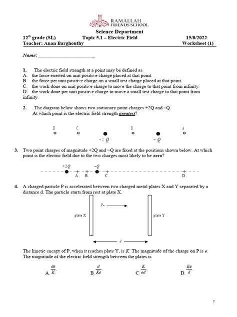 Topic 5 1 Worksheet 1 Electric Force And Field Pdf Electric Field