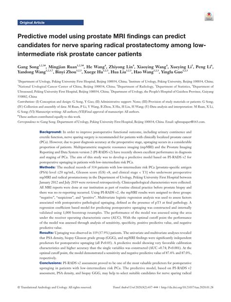 Pdf Predictive Model Using Prostate Mri Findings Can Predict Candidates For Nerve Sparing