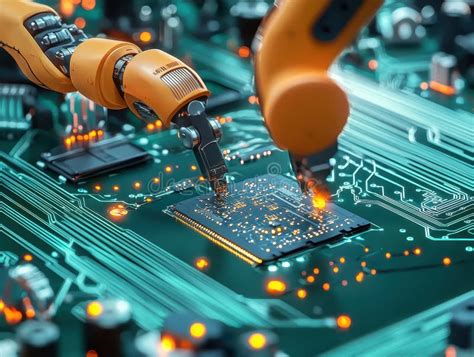 Close Up View Of Robotic Arms Working On A Circuit Board Highlighting