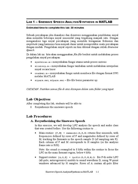 Lab 1 Sinewave Speech Analysis Synthesis In Matlab 030614 Pdf