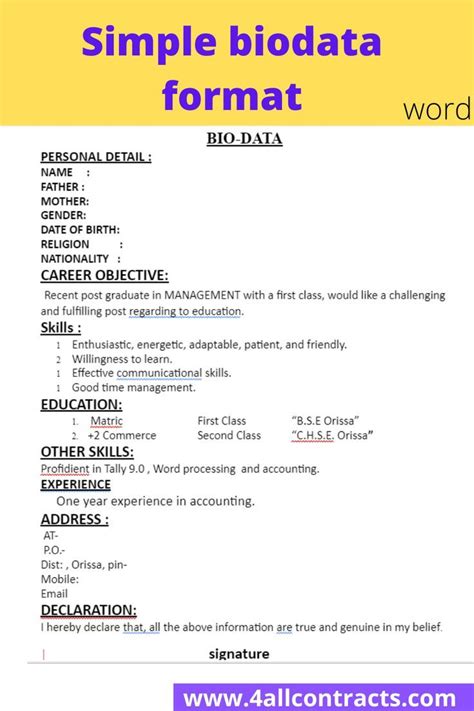 Biodata Format Word And Pdf Biodata Format Bio Data Good Time