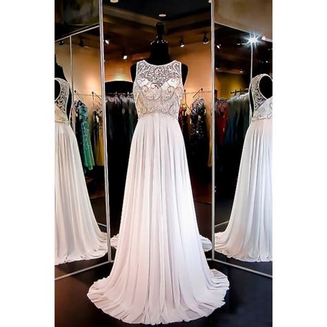 A Line Scoop Neck Empire Waist Keyhole Back Long White Chiffon Beaded