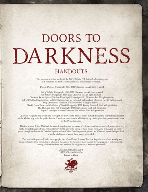 Doors To Darkness Free Handouts And Pre Gen Characters Pack Call Of