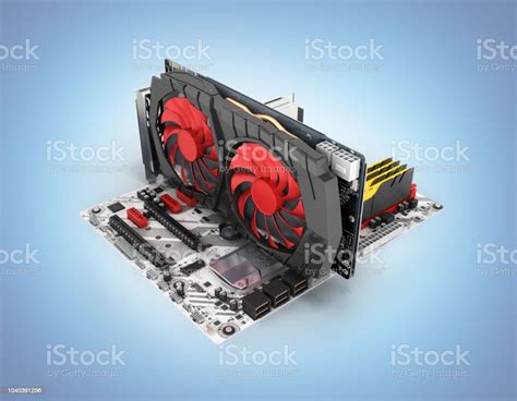 Motherboard Complete With Ram And Video Card Solated On Blue Gradient Background 3d Render Stock