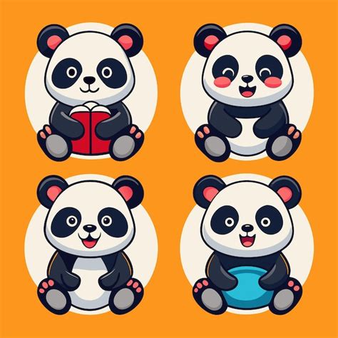 Four Cute Cartoon Pandas Sitting With Different Expressions And Holding