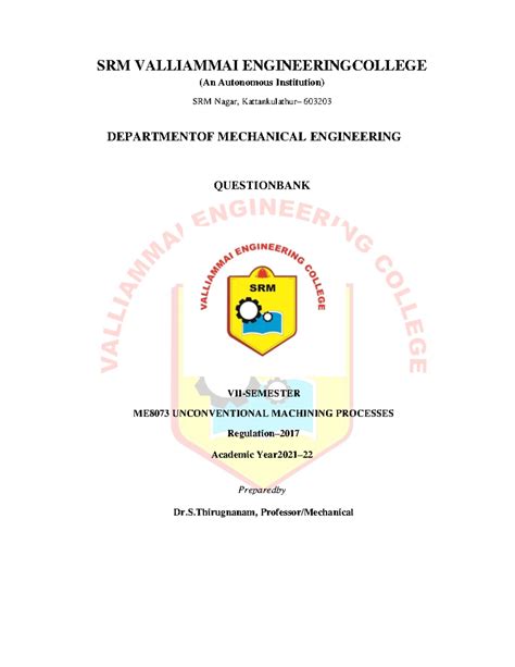 Me8073 Unconventional Machining Processes Srm Valliammai Engineeringcollege An Autonomous
