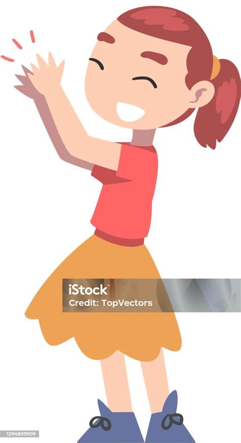 그녀의 손을 박수 미소 어린 소녀 사랑스러운 아이 표현 즐거움 감사 기쁨 만화 스타일 벡터 일러스트 가공의 인물에 대한 스톡 벡터 아트 및 기타 이미지 Istock