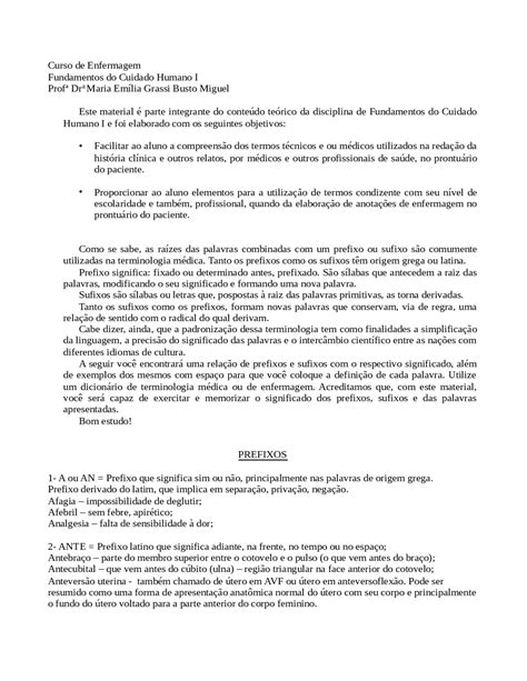 Prefixos E Sufixos De Enfermagem Terminologias De Enfermagem Com Seus