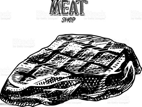 그릴에 구운 고기 스테이크 바베큐 돼지 고기 또는 쇠고기 바베큐 빈티지 스타일의 음식 레스토랑 메뉴 엠블럼 또는 배지용 템플릿입니다 손으로 그린 스케치 고기에 대한 스톡