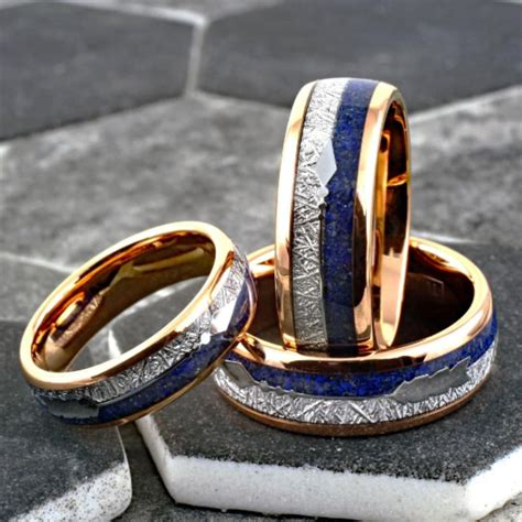 Lapis Lazuli Meteorite Couple Rings Blue Matching Tungsten Wedding Band