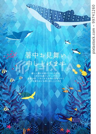 帶有水下魚海豚和鯨鯊的夏季賀卡的矢量插圖背景 插圖素材 99741260 PIXTA圖庫