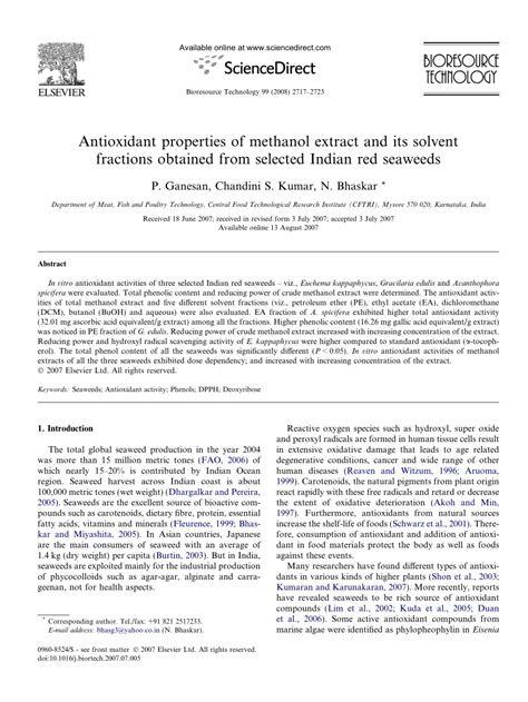 Pdf Antioxidant Properties Of Methanol Extract And Its Solvent