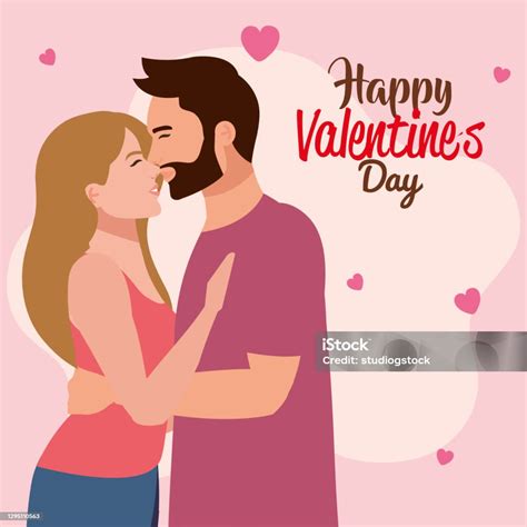 Glücklich Valentinstagkarte Mit Jungen Liebhaber Paar Küssen Und Herzen