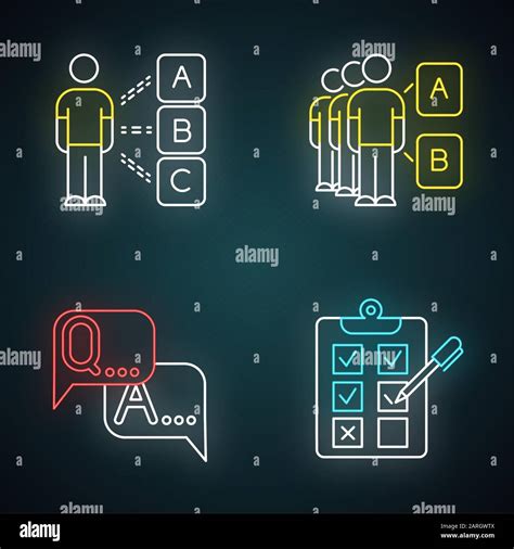 Survey Neon Light Icons Set Personal Questioning Social Opinion Group Test Faq Sign