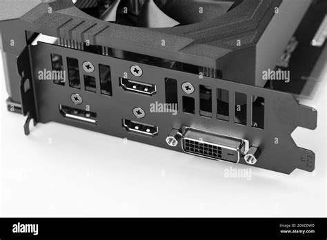 Computer Graphics Card Focus On The Dvi Hdmi Displayport Connectors On White Background Stock