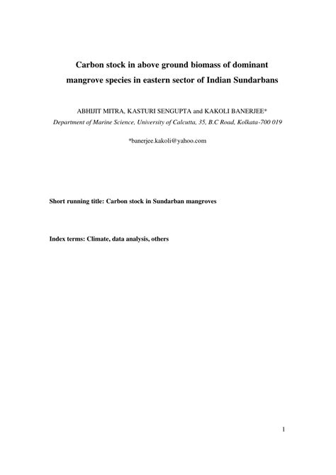 Pdf Carbon Stock In Above Ground Biomass Of Dominant Mangrove Species