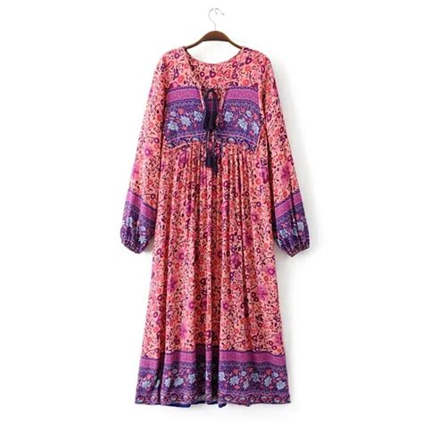 Vintage Bohemia Chest Lace Up Bow Colorful Ethnic Flower Loose Dress