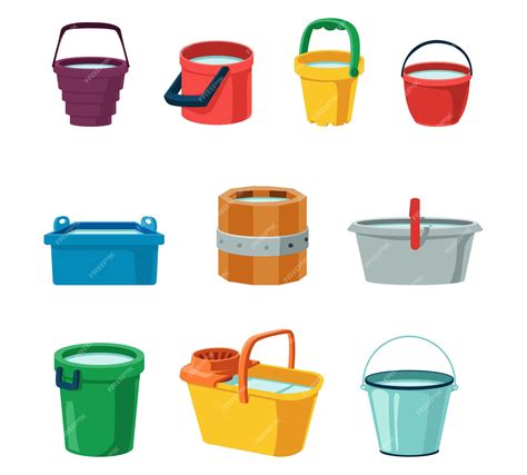 물통 물이 담긴 금속 나무 및 플라스틱 용기 가정용 세척 장비 만화 전체 가사 탱크 모형 액체를 붓는 격리된 청소기 도구 벡터 밝은 가정용 통 세트 프리미엄 벡터