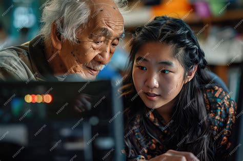 Elderly Man Teaching Young Girl Computer Skills Generational Wisdom Technology Interaction