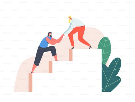 여자 친구에게 도움을주는 여자는 그녀를 사다리 위로 끌어 당깁니다 도움 동료는 여성 캐릭터에 도움이됩니다 공감 우정 팀웍 협력 개념 만화 사람들 벡터 일러스트레이션