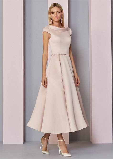 Wedding Dress Lace Fascinating Satin Portrait Neckline Tea Length A