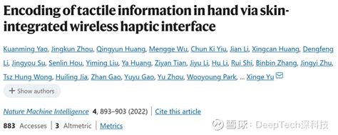 港城大团队将手部触觉信息编码，创造无线化皮肤反馈系统，有望应用于远程社交 人类手部的不同部位触觉敏感度差异很大，因此在虚拟现实技术中，科学家