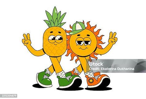 복고풍 그루비 여름 캐릭터 펑키 걷는 태양과 귀여운 얼굴의 파인애플 빈티지 여름 벡터 일러스트 70 년대 흰색 배경에 80 년대