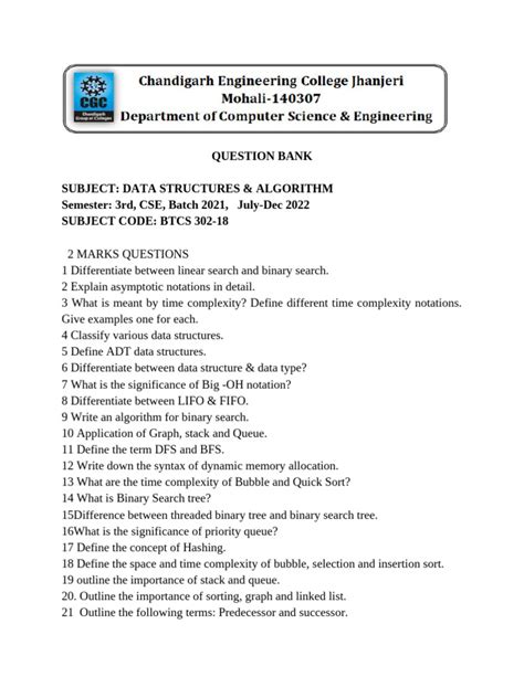 Dsa Question Bank Pdf Time Complexity Applied Mathematics