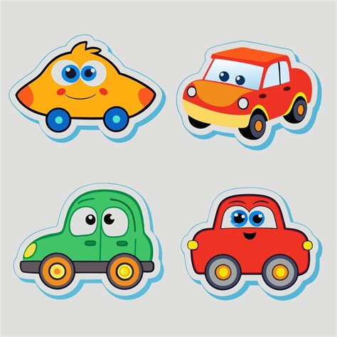 Four Cartoon Cars With Cute Faces And Blue Rims In A Sticker Style