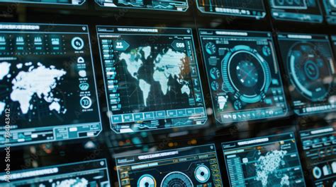 multiple digital screens displaying interactive world maps and data