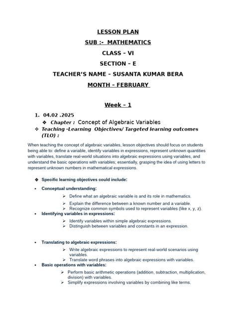 Lesson Plan Of Class 6 Concept Of Algebraic Variables Pdf Variable Mathematics Algebra