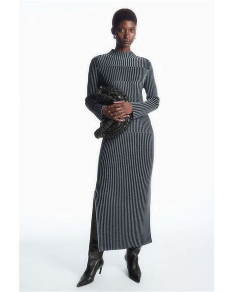 Cos Striped Ribbed Knit Midi Dress In Gray Lyst