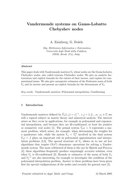 Pdf Vandermonde Systems On Gauss Lobatto Chebyshev Nodes