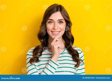 Portrait Photo Of Cheerful Satisfied Smart Positive Woman Touch Chin