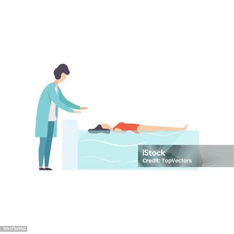 장애 여성 환자에 누워 수영장 의료 재활 물리 치료 활동 작업 치료사 벡터 일러스트 레이 션 수치료법에 대한 스톡 벡터 아트 및
