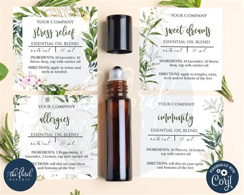 Essential Oil Label Template Printable Greenery Essential Oil Etsy