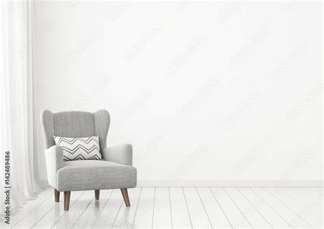 Simple Livingroom Interior Wall Mock Up With Grey Armchair Near Window