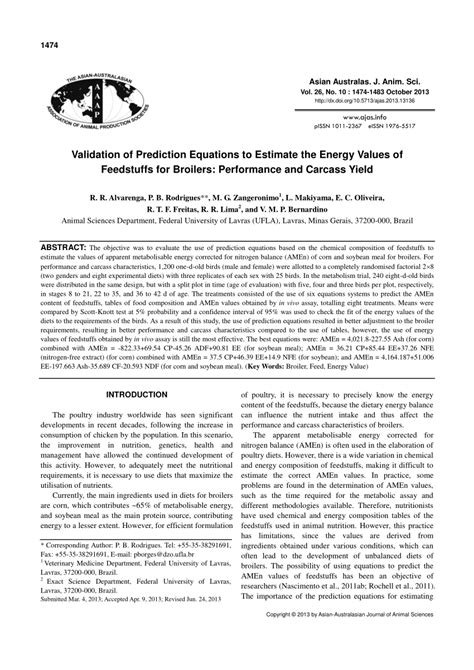 Pdf Validation Of Prediction Equations To Estimate The Energy Values Of Feedstuffs For