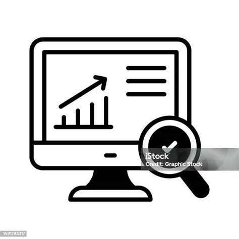 데이터 분석의 개념 벡터를 보여주는 돋보기가 있는 모니터의 성장 차트 0명에 대한 스톡 벡터 아트 및 기타 이미지 0명