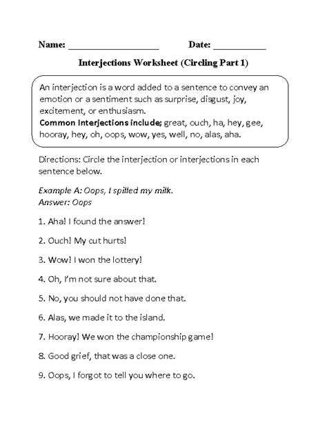 Interjections Worksheets Beginner Level