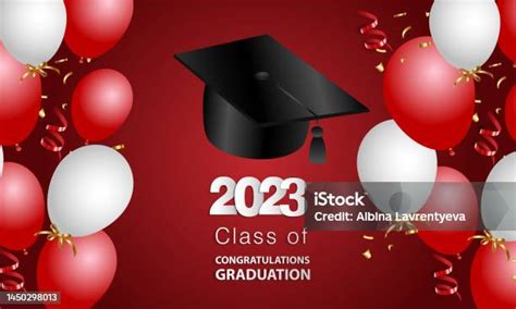 학교 졸업을 축하드립니다 2023 학년도 졸업 모자 색종이 및 풍선 축하 배너 학습 교육 학교 아카데미 2023년에 대한 스톡