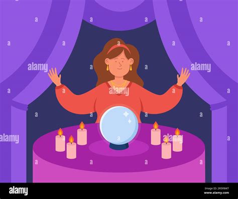 Mystery Fortune Seer With Crystal Ball And Candles On Table Stock