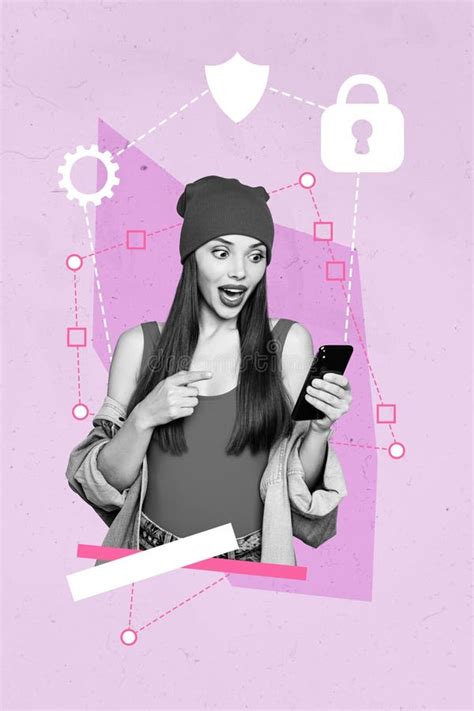 Vertical Creative Picture Collage Young Woman Internet User Smartphone Web Cyber Security Data