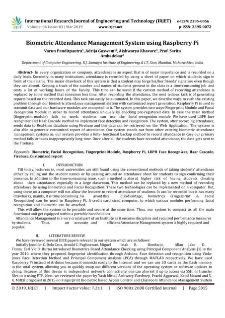 Irjet Biometric Attendance Management System Using Raspberry Pi Pdf