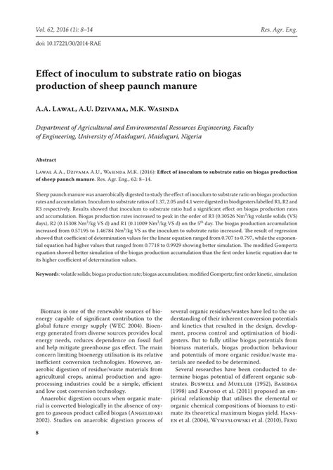 Pdf Effect Of Inoculum To Substrate Ratio On Biogas Production Of