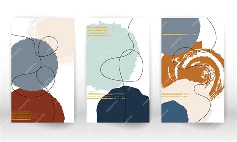 추상 표지 템플릿 기하학적 모양과 선의 집합 모조 수채화 그림 질감 브로셔 디자인 미니멀리스트 손으로 그린 모양과 금 입자 프리미엄 벡터