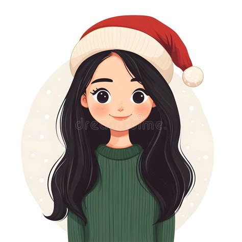 Cute Girl In Santa Hat And Green Sweater For Christmas Illustration