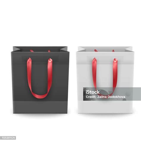 흰색 배경 흑백 색상의 쇼핑백에 플라스틱 또는 종이 핸들 쇼핑 가방 설정 가방에 대한 스톡 벡터 아트 및 기타 이미지 가방 손잡이 3차원 형태 Istock