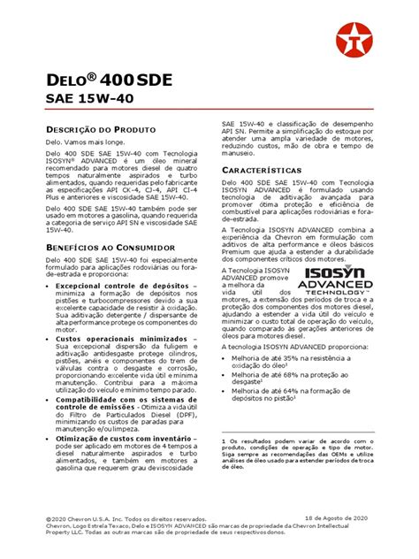 Delo 400 Sde Sae 15w 40 180820ptbr Pdf Motores Turbocompressor