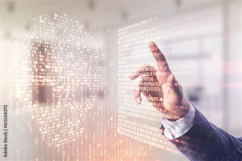 Man Hand Clicks On Abstract Virtual Code Skull Hologram On Blurred Office Background Cybercrime